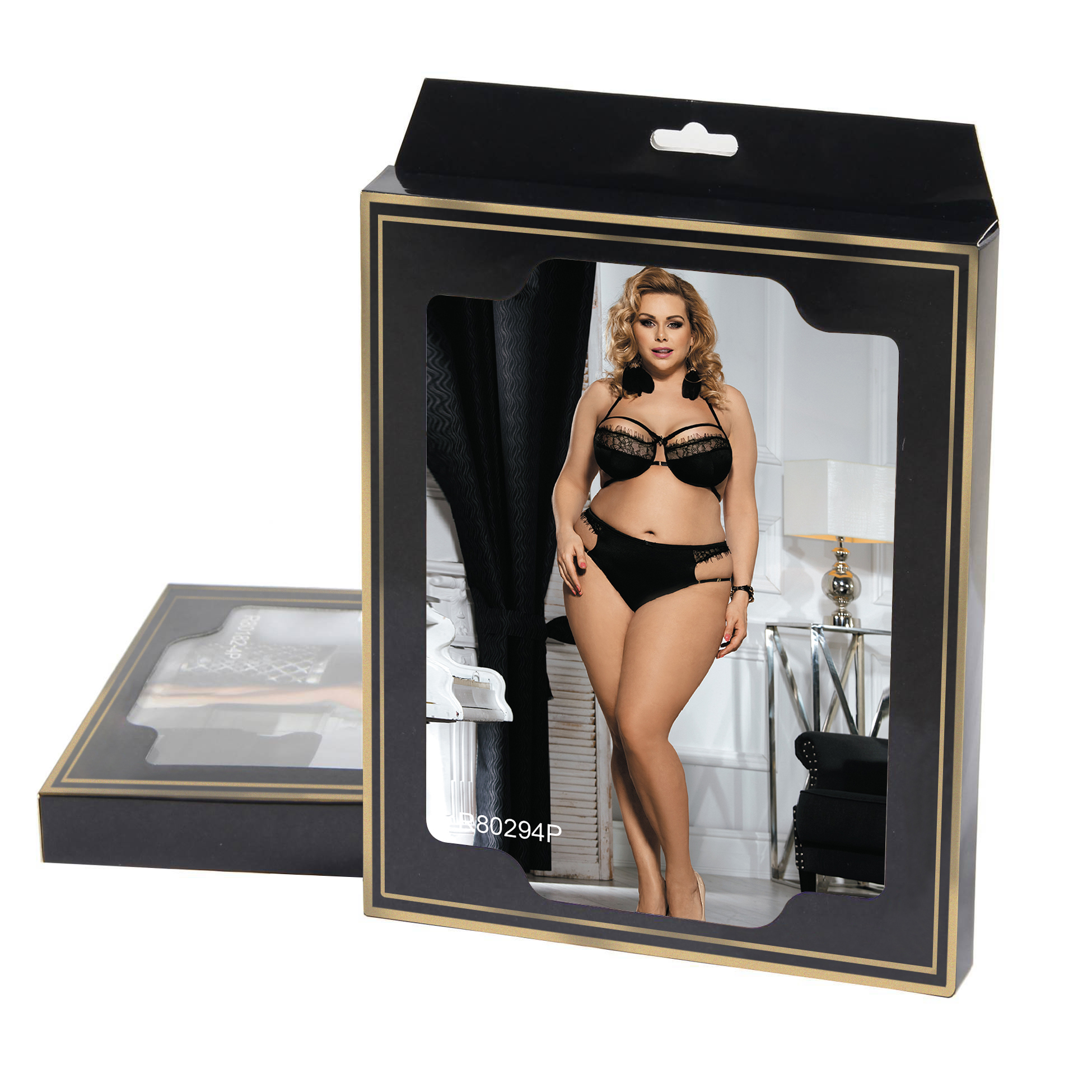 Cheap Plus Size Black Halter Sexy Bra Set With Eyelash